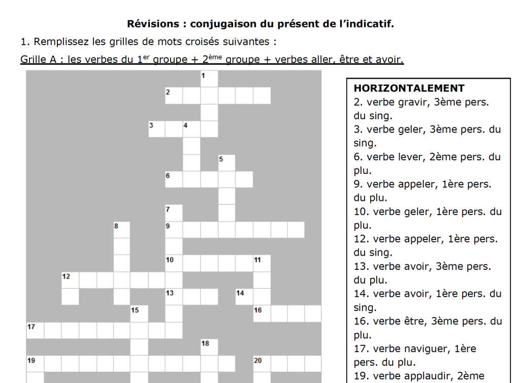 Mots croisés sur la conjugaison du présent de l’indicatif – Association ...
